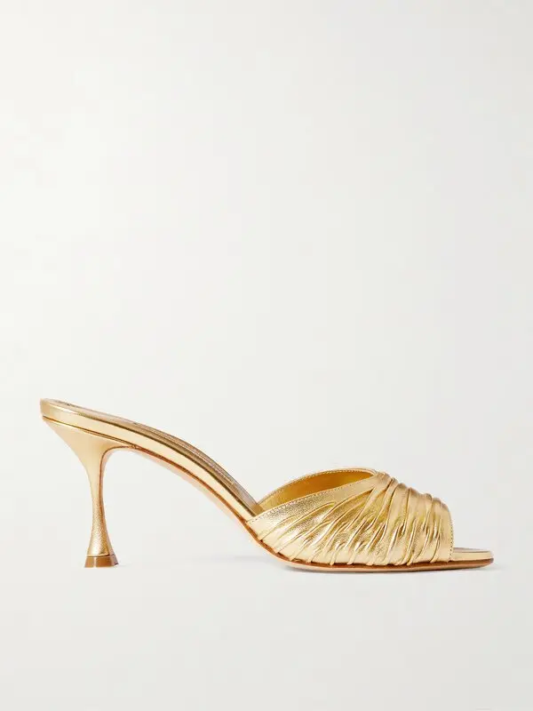 Manolo Blahnik Pirua 70 Metallic Leather Mules - Gold