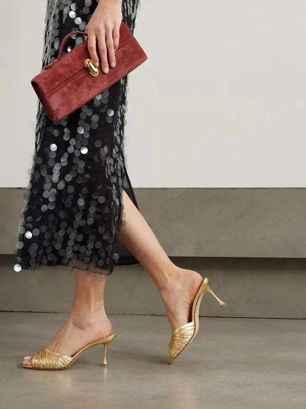 Manolo Blahnik Pirua 70 Metallic Leather Mules - Gold