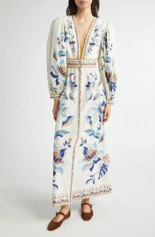 Farm Rio Printed Long Sleeve Linen Blend Maxi Dress In White And Blue - 50%  Off | Editorialist