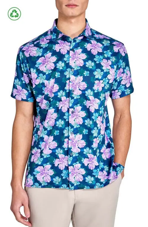 CON.STRUCT Regular Fit Layered Hibiscus Recycled Performance Golf Button-down Shirt - Navy/purple