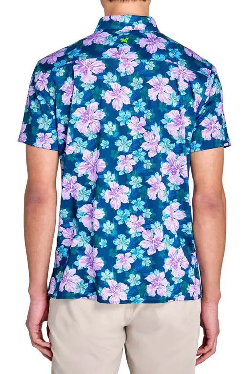 CON.STRUCT Regular Fit Layered Hibiscus Recycled Performance Golf Button-down Shirt - Navy/purple