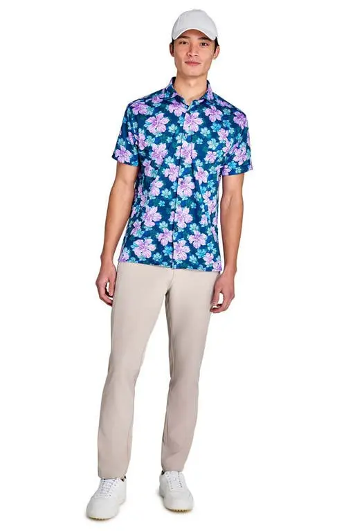 CON.STRUCT Regular Fit Layered Hibiscus Recycled Performance Golf Button-down Shirt - Navy/purple