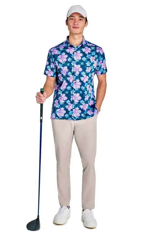 CON.STRUCT Regular Fit Layered Hibiscus Recycled Performance Golf Button-down Shirt - Navy/purple
