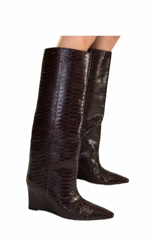 Cynthia Rowley Embossed Leather Wedge Boots - Brown
