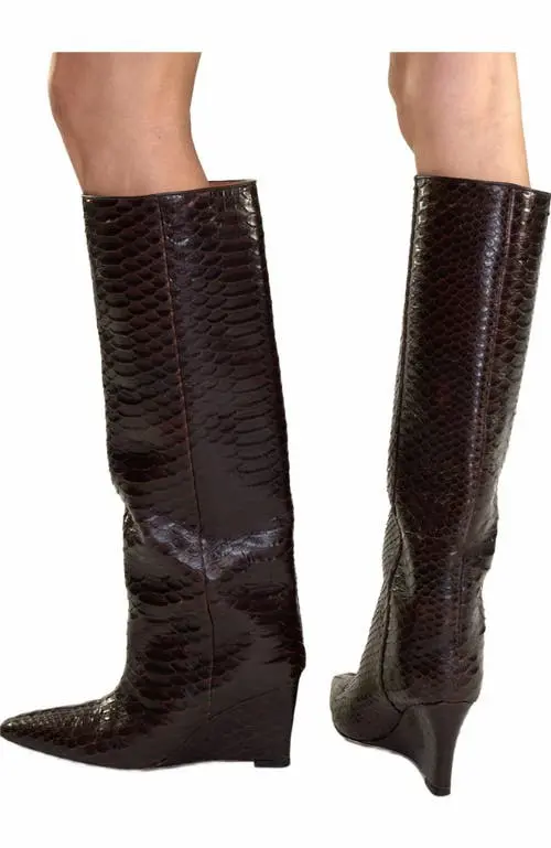 Cynthia Rowley Embossed Leather Wedge Boots - Brown