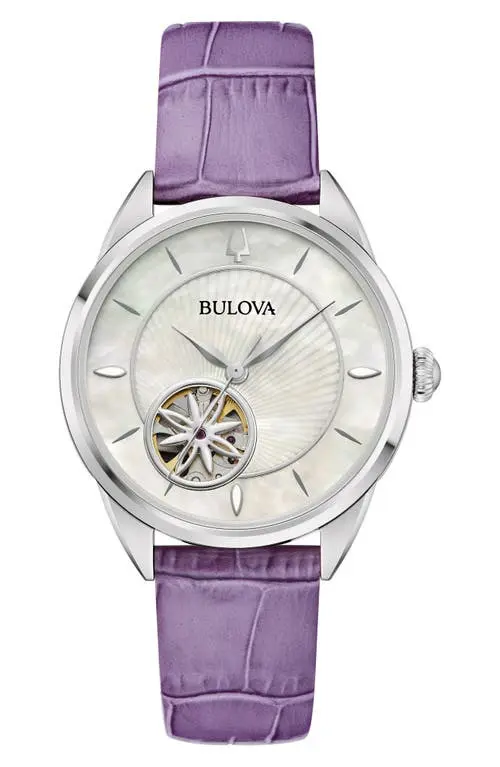 Bulova Sutton Automatic Leather Strap Watch - Purple/ Silverone