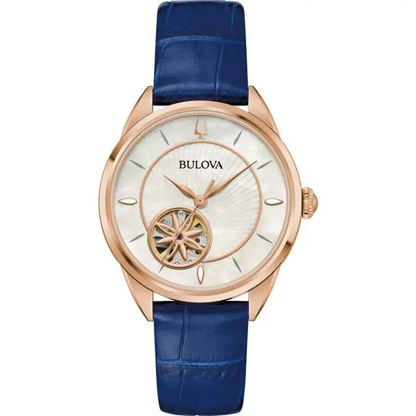 Bulova Sutton Automatic Leather Strap Watch - Blue/rose Goldone