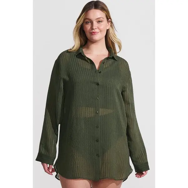 LANDS' END Rayon Rib Button Down Cover-up - Rich Olive Green