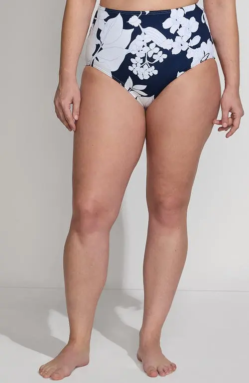 LANDS' END Sculpting Suit High Waisted Bikini Bottom - Deep Sea Navy/white Lilies