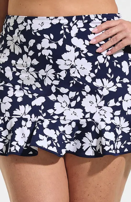 LANDS' END Ruffle Hem Mini Swim Skirt - Navy Blossom Floral