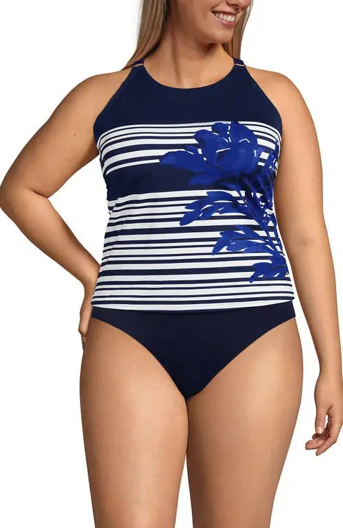 LANDS' END Strappy Back Tankini Top - Blue Stripe Floral Placement