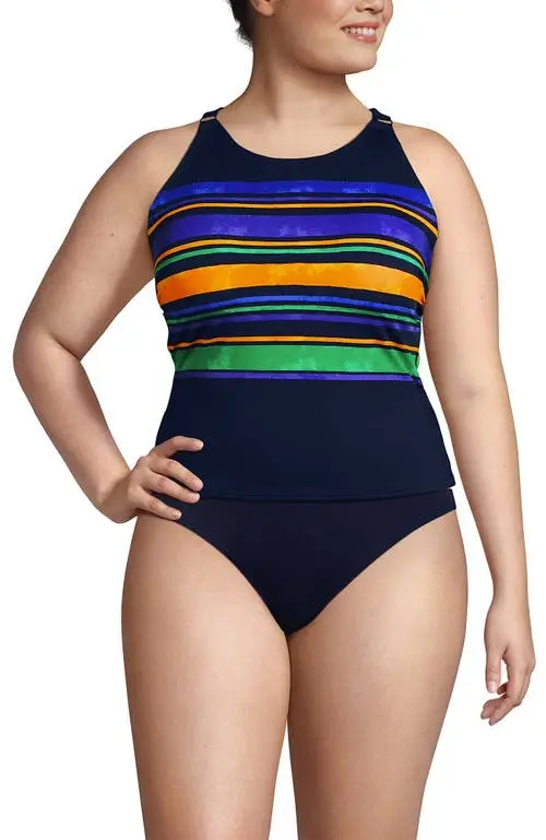 LANDS' END Tugless High Neck Strappy Back Tankini Swimsuit Top - Deep Sea Painted Stripes