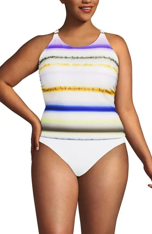 LANDS' END Tugless High Neck Strappy Back Tankini Swimsuit Top - Egret White Multi Ombre Stripe