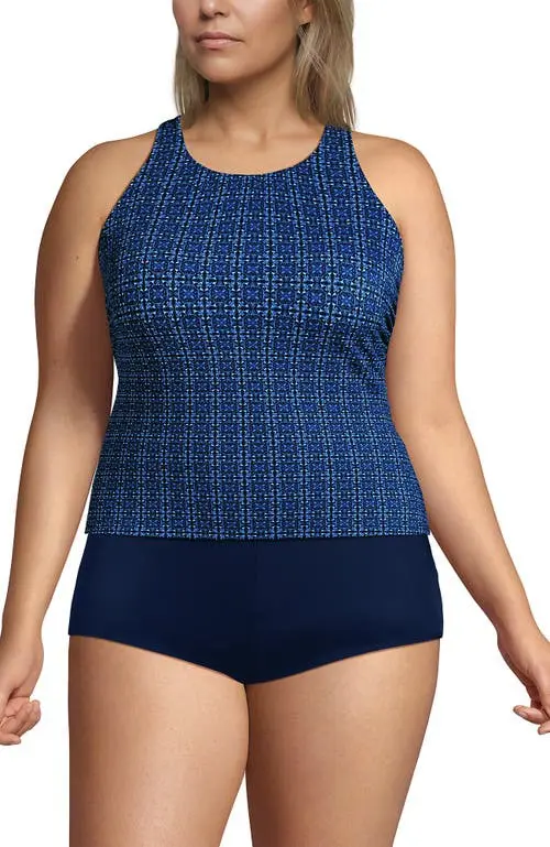 LANDS' END Strappy Back High Neck Tankini Swimsuit Top - Navy Mosaic Mini Tile