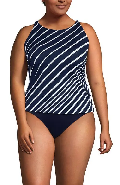 LANDS' END Strappy Back Tankini Top - Navy/white Variegated Stripe