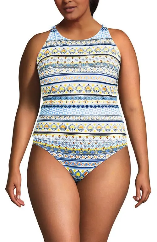 LANDS' END High Neck Strappy Back Tankini Swimsuit Top - White Mosaic Multi Stripe