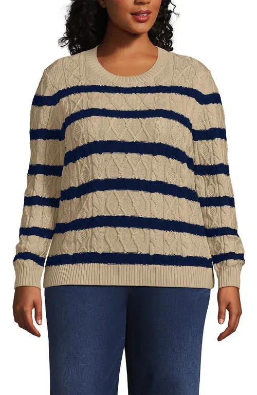 LANDS' END Cotton Drifter Crew Cable Pullover Sweater - Champagne/deep Sea Gulf Stripe