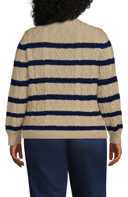 LANDS' END Cotton Drifter Crew Cable Pullover Sweater - Champagne/deep Sea Gulf Stripe