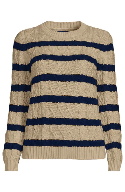 LANDS' END Cotton Drifter Crew Cable Pullover Sweater - Champagne/deep Sea Gulf Stripe