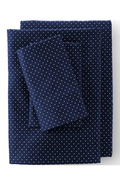 LANDS' END 400 Thread Count Premium Supima Cotton No Iron Sateen Bed Sheet Set - Deep Sea Navy/ivory Dot