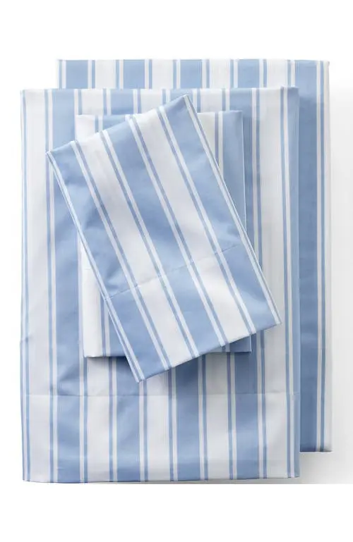 LANDS' END 400 Thread Count Premium Supima Cotton No Iron Sateen Bed Sheet Set - Light Sea Blue Sail Stripes