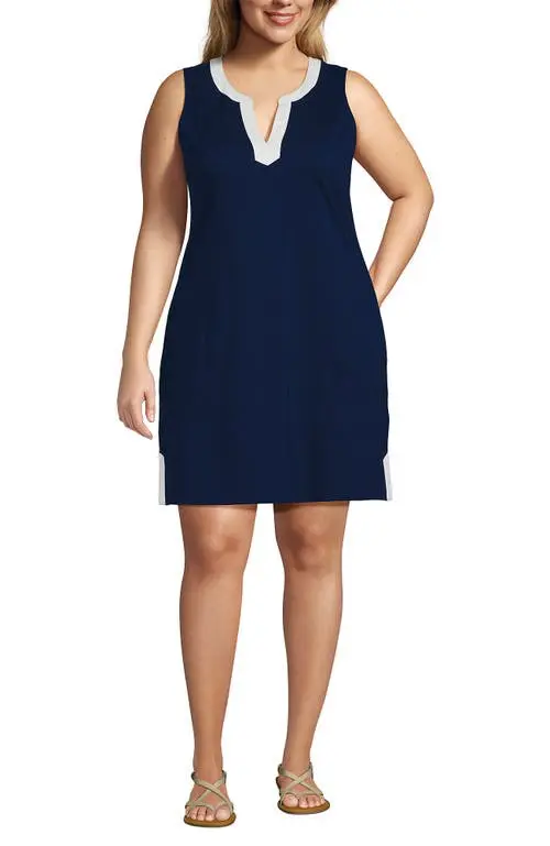 LANDS' END Cotton Jersey Notch Neck Dress - Deep Sea Navy/white