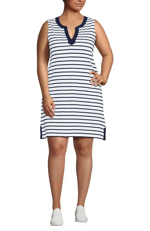 LANDS' END Cotton Jersey Notch Neck Dress - Navy/white Breton Stripe