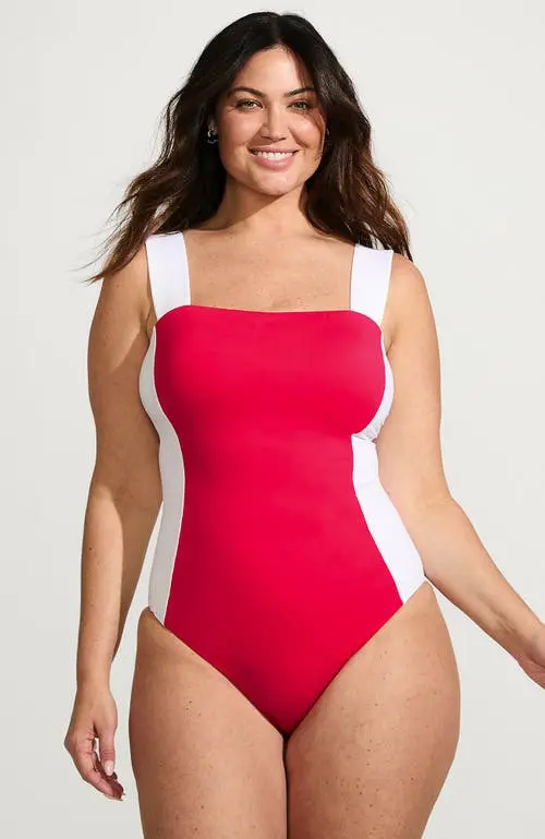 LANDS' END Square Neck High Leg One Piece Swimsuit - Coral Rose/white
