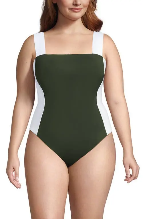 LANDS' END Square Neck High Leg One Piece Swimsuit - Rich Olive Green/white