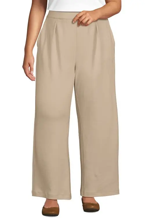 LANDS' END Knit High Rise Pleated Wide Leg Pants - Champagne