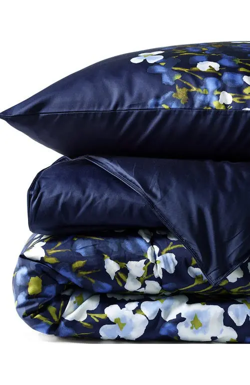 LANDS' END 400 Thread Count Premium Supima Cotton No Iron Sateen Comforter - Deep Sea Navy Floral