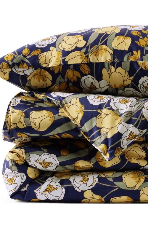 LANDS' END 400 Thread Count Premium Supima Cotton No Iron Sateen Comforter - Deep Sea Navy Poetic Floral