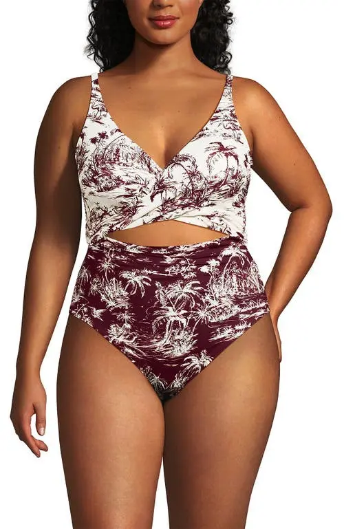 LANDS' END Wrap Monokini High Leg One Piece Swimsuit - Egret/burgundy Scenic Mix