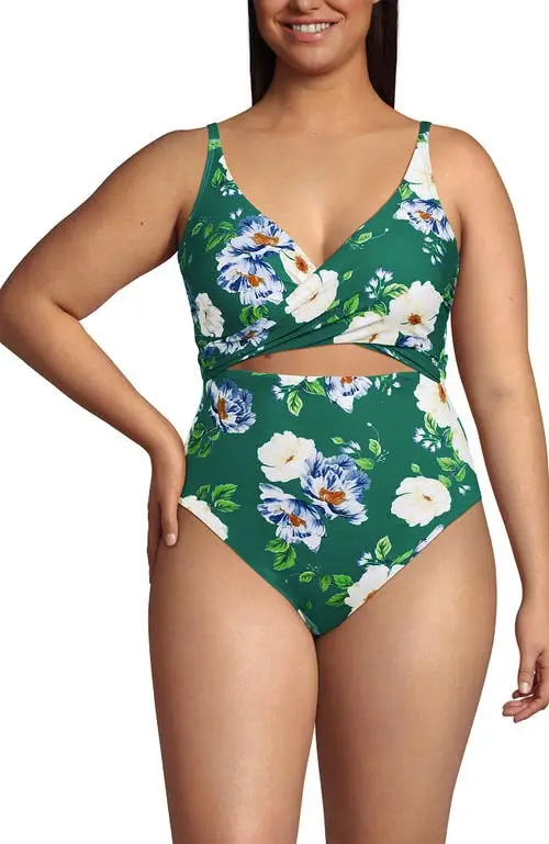 LANDS' END Wrap Monokini High Leg One Piece Swimsuit - Island Emerald Petunia Floral