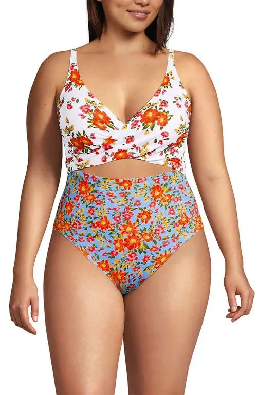 LANDS' END Wrap Monokini One Piece Swimsuit - White/blue Spring Floral