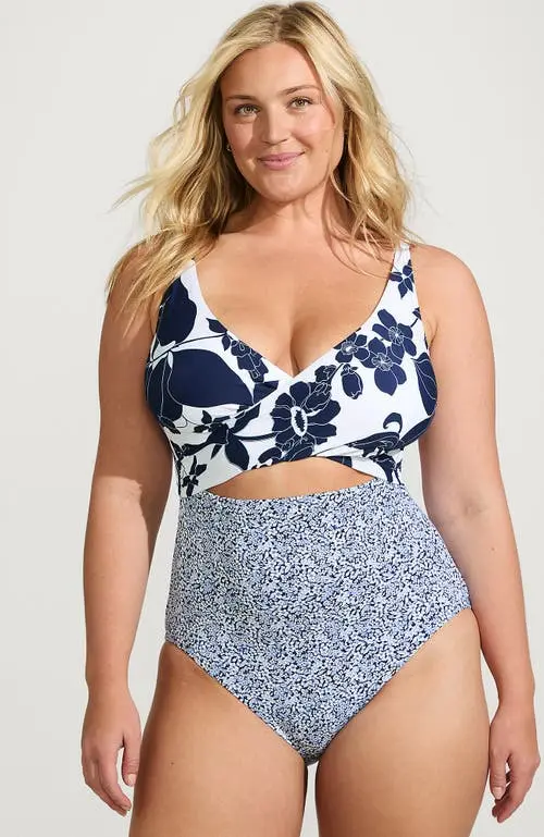 LANDS' END Wrap Monokini High Leg One Piece Swimsuit - White/deep Sea Navy Lilies Mix
