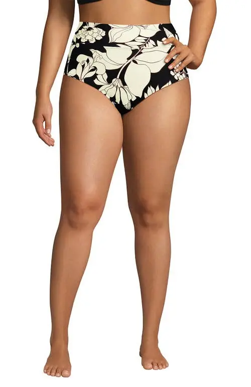 LANDS' END Chlorine Resistant High Waisted Bikini Bottom - Black/egret Lilies
