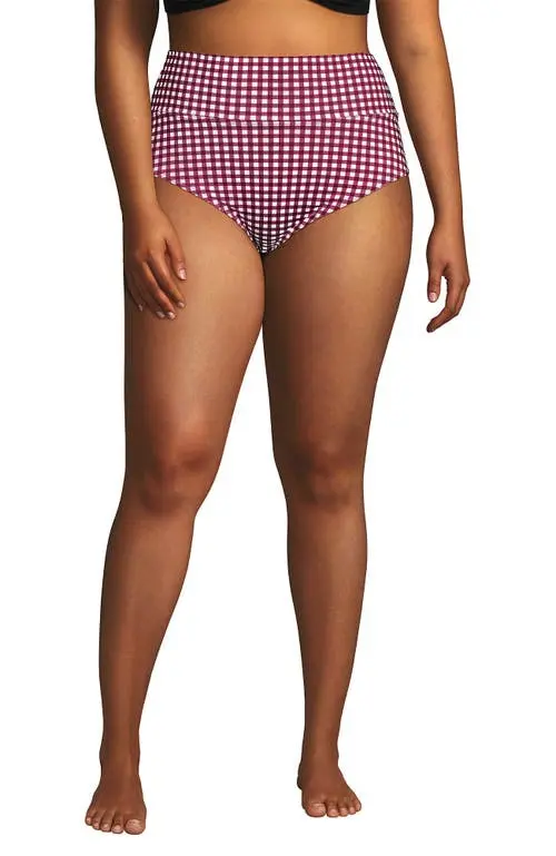 LANDS' END Chlorine Resistant High Waisted Bikini Bottom - Burgundy Gingham
