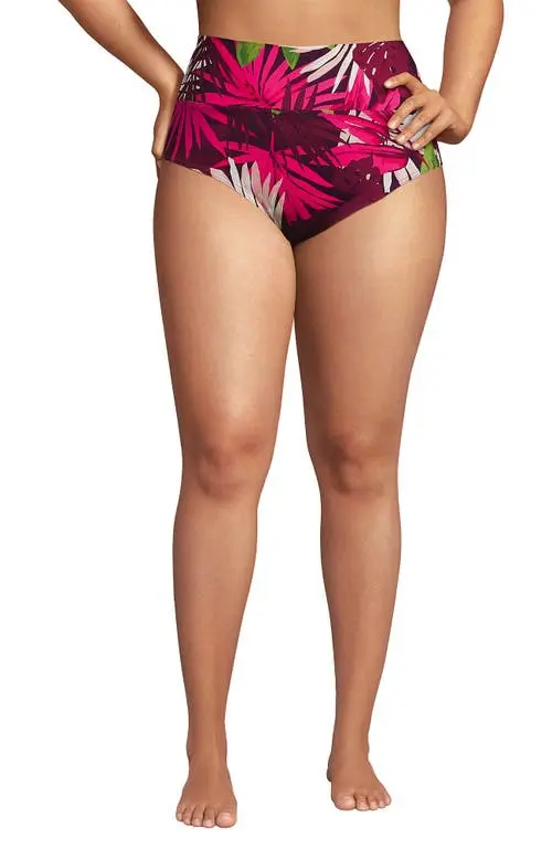 LANDS' END Chlorine Resistant High Waisted Bikini Bottom - Dark Wine Multi Tropical Palms