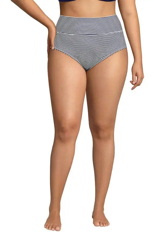 LANDS' END Chlorine Resistant High Waisted Bikini Bottom - Deep Sea Navy Mini Stripe