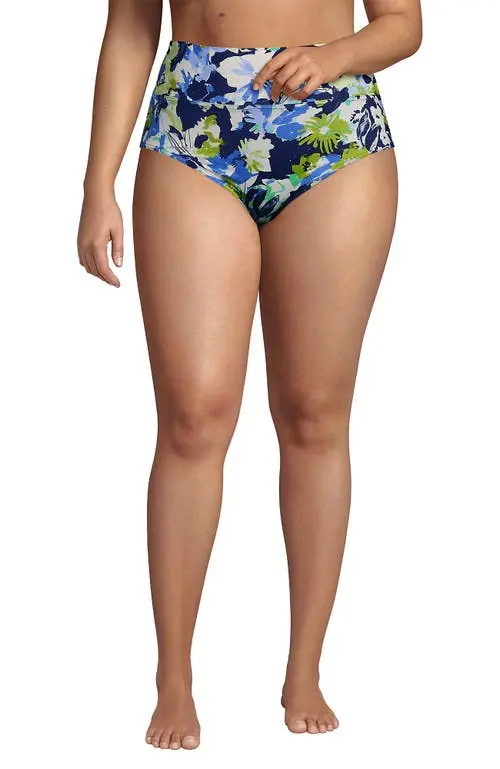 LANDS' END Chlorine Resistant High Waisted Bikini Bottom - Deep Sea Navy Multi Floral
