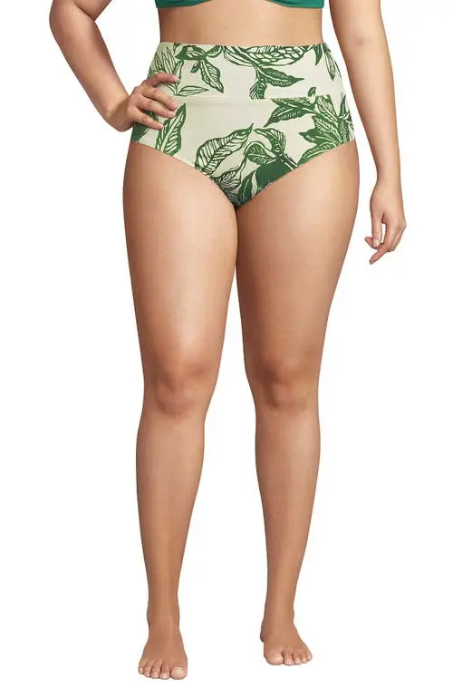 LANDS' END Chlorine Resistant High Waisted Bikini Bottom - Egret/green Etched Leaves