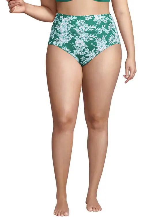 LANDS' END Chlorine Resistant High Waisted Bikini Bottom - Emerald/white Romatic Floral