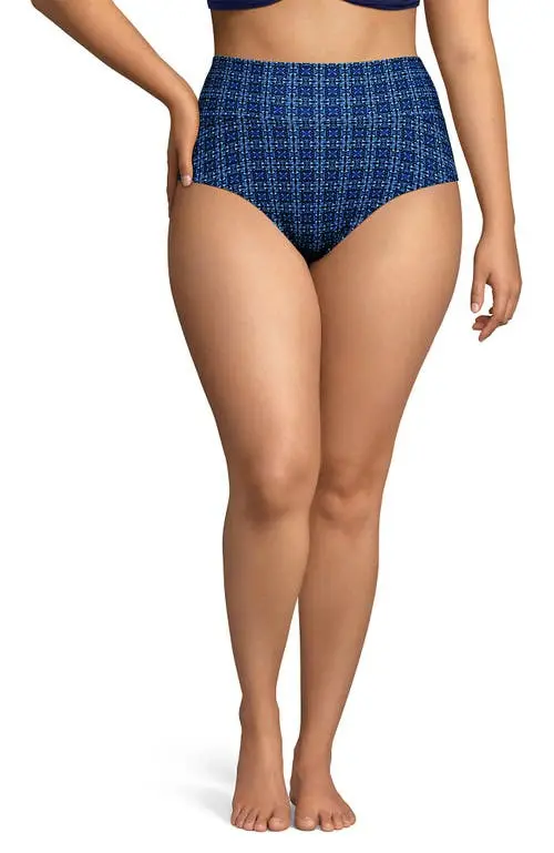 LANDS' END Chlorine Resistant High Waisted Bikini Bottom - Navy Mosaic Mini Tile