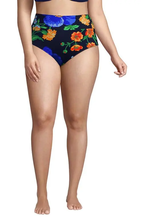 LANDS' END Chlorine Resistant High Waisted Bikini Bottom - Navy/exploded Poppy Floral