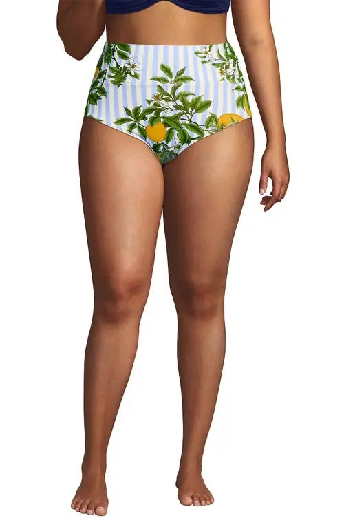 LANDS' END Chlorine Resistant High Waisted Bikini Bottom - Soft Sky Blue/citrus Stripe