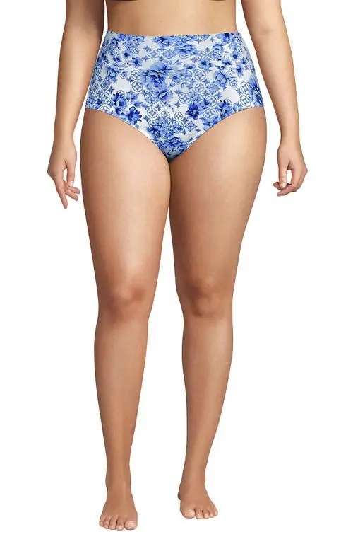 LANDS' END Chlorine Resistant High Waisted Bikini Bottom - White Mosaic Floral Geo