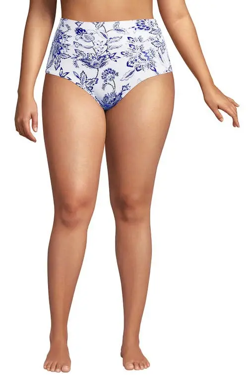 LANDS' END Chlorine Resistant High Waisted Bikini Bottom - White/blue Vintage Floral