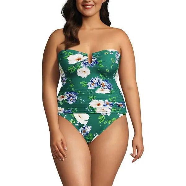 LANDS' END Slender Suit U-wire Bandeau Tankini Top - Island Emerald Petunia Floral