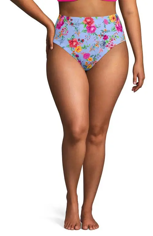 LANDS' END Ribbed Smoothing High Waisted Bikini Bottoms - Cloud Blue Romantic Floral